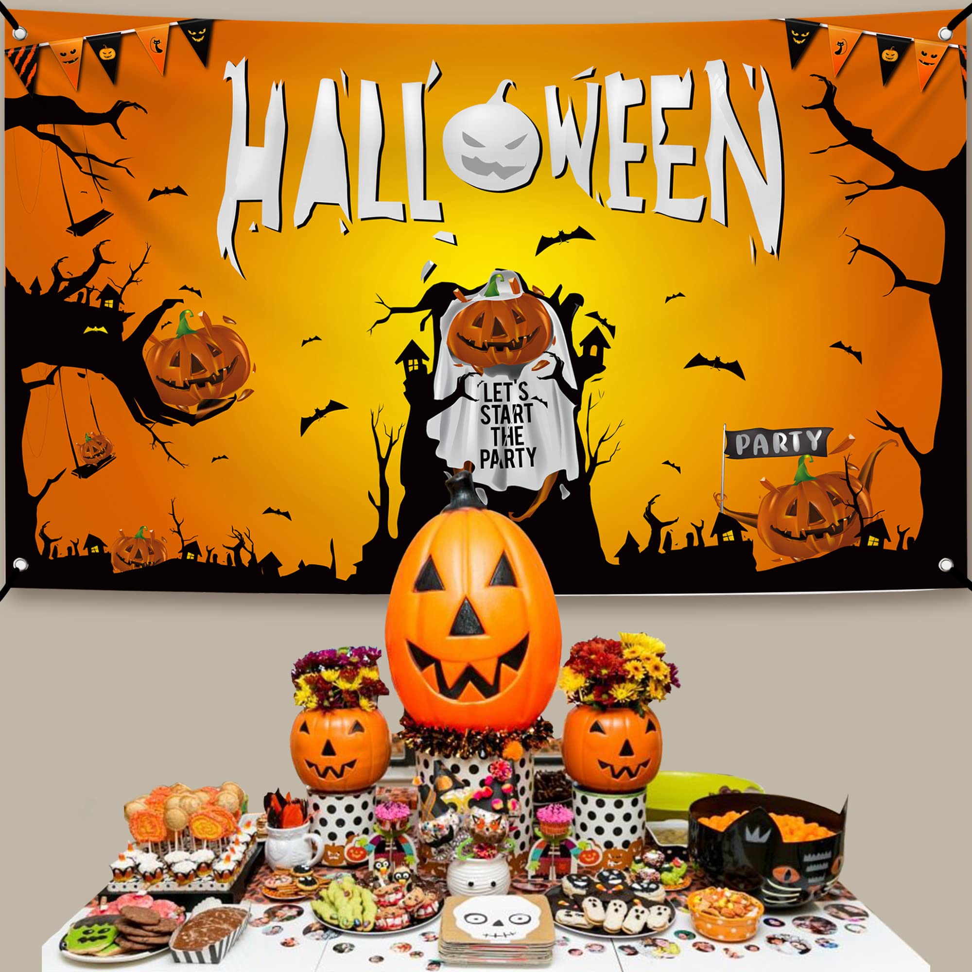 KatchOn, Happy Halloween Backdrops for Photography - XtraLarge, 72x44 Inch | Orange Halloween Banners for Wall | Halloween Pumpkin Backdrop for Halloween Party Decor | Halloween Backdrops for Parties