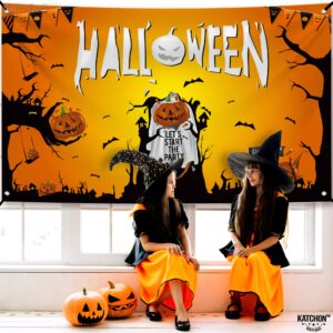 KatchOn, Happy Halloween Backdrops for Photography - XtraLarge, 72x44 Inch | Orange Halloween Banners for Wall | Halloween Pumpkin Backdrop for Halloween Party Decor | Halloween Backdrops for Parties