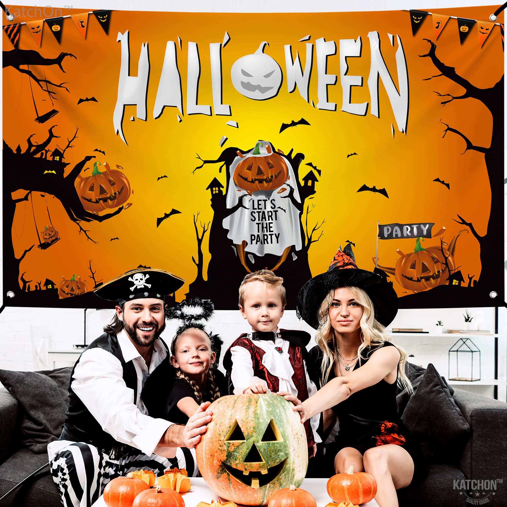 KatchOn, Happy Halloween Backdrops for Photography - XtraLarge, 72x44 Inch | Orange Halloween Banners for Wall | Halloween Pumpkin Backdrop for Halloween Party Decor | Halloween Backdrops for Parties