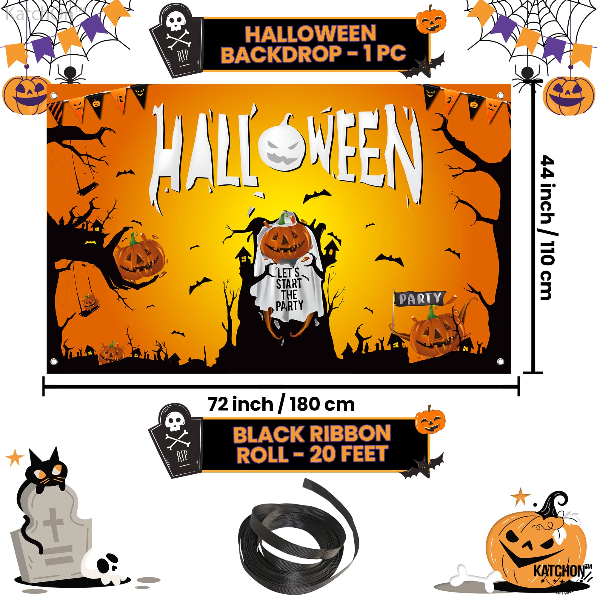 KatchOn, Happy Halloween Backdrops for Photography - XtraLarge, 72x44 Inch | Orange Halloween Banners for Wall | Halloween Pumpkin Backdrop for Halloween Party Decor | Halloween Backdrops for Parties