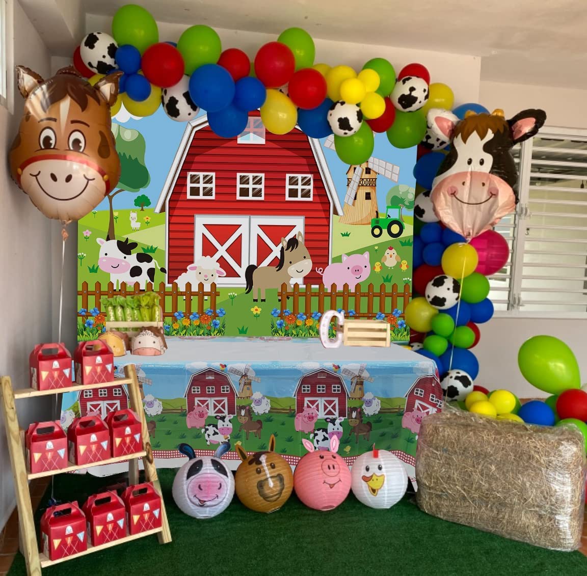 Farm Animals Theme Party Decorations,Farm Animals Barn Door Backdrop and Tablecloth for Children Baby Shower Birthday Party Supplies Banner (5x3ft)