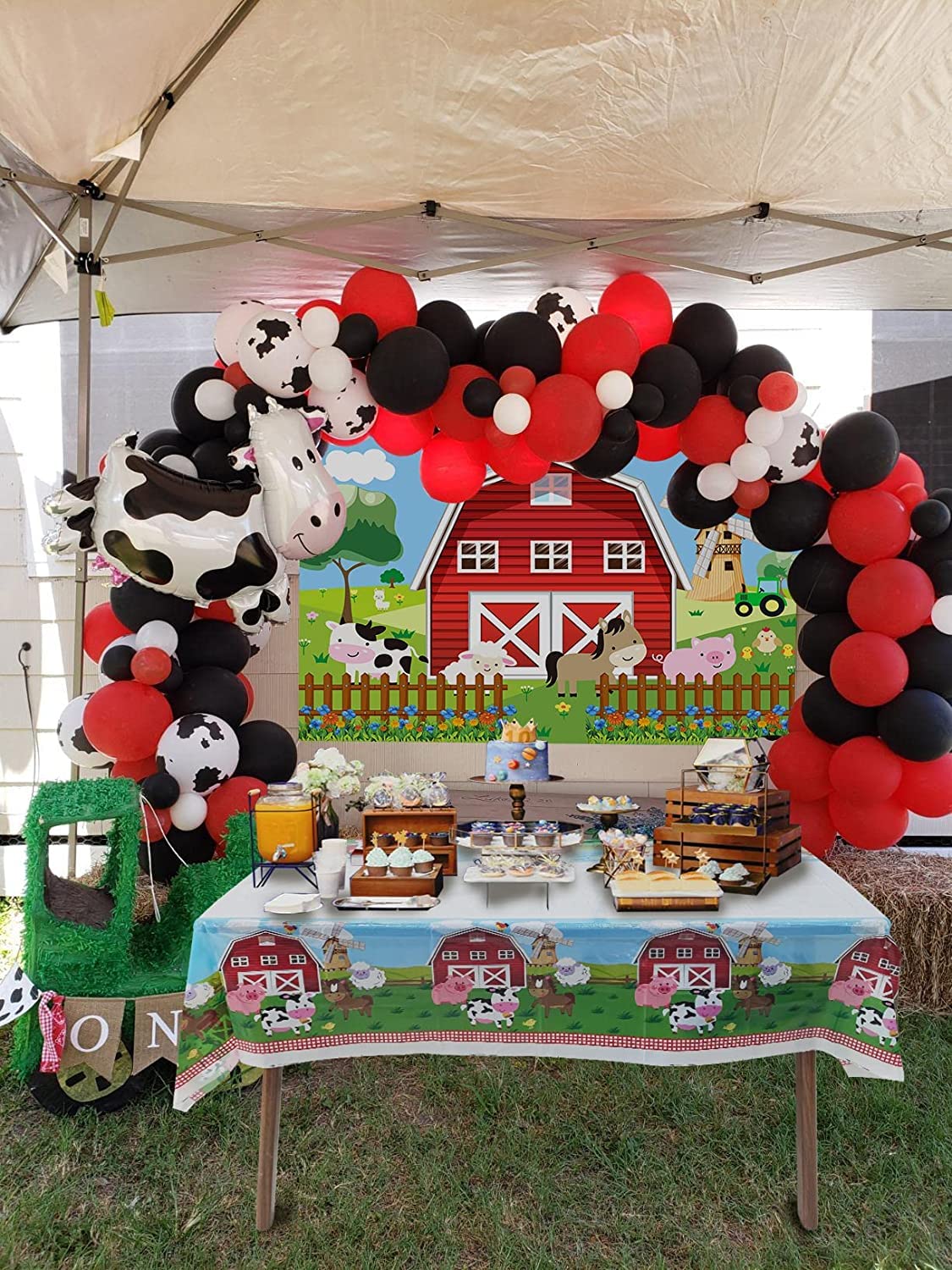 Farm Animals Theme Party Decorations,Farm Animals Barn Door Backdrop and Tablecloth for Children Baby Shower Birthday Party Supplies Banner (5x3ft)