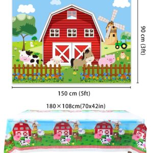 Farm Animals Theme Party Decorations,Farm Animals Barn Door Backdrop and Tablecloth for Children Baby Shower Birthday Party Supplies Banner (5x3ft)