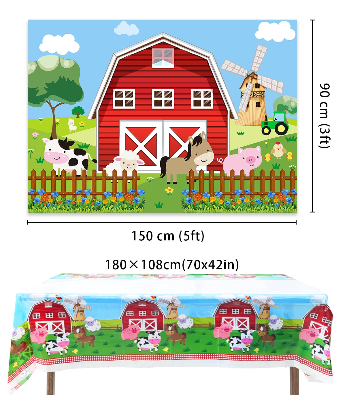 Farm Animals Theme Party Decorations,Farm Animals Barn Door Backdrop and Tablecloth for Children Baby Shower Birthday Party Supplies Banner (5x3ft)