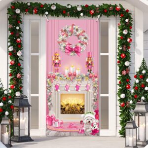 buryeah christmas door cover decoration christmas fireplace door cover xmas nutcracker banner backdrop photo booth prop background for holiday new year door party supplies 6.5 x 3 feet (pink style)