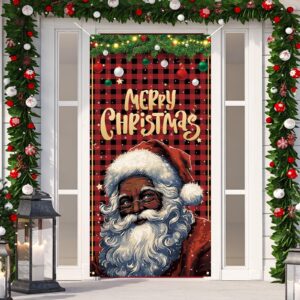 red and black buffalo check plaid black santa christmas door cover merry christmas backdrop african american christmas xmas decorations and supplies for home party