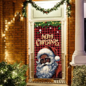 Red and Black Buffalo Check Plaid Black Santa Christmas Door Cover Merry Christmas Backdrop African American Christmas Xmas Decorations and Supplies for Home Party