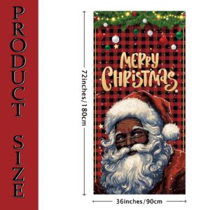 Red and Black Buffalo Check Plaid Black Santa Christmas Door Cover Merry Christmas Backdrop African American Christmas Xmas Decorations and Supplies for Home Party