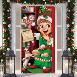 wovweave christmas elf door cover funny merry christmas door cover decorations santa elves xmas party hanging banner backdrop background for front door christmas holiday new year supply, 71 x 35 inch