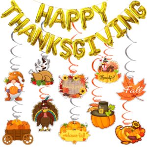 thanksgiving decorations indoor, happy thanksgiving banner | 16 inches gold 3d foil letter balloons decoration fhoto backdrop for thanksgiving party - fall office decoration - pack of 42