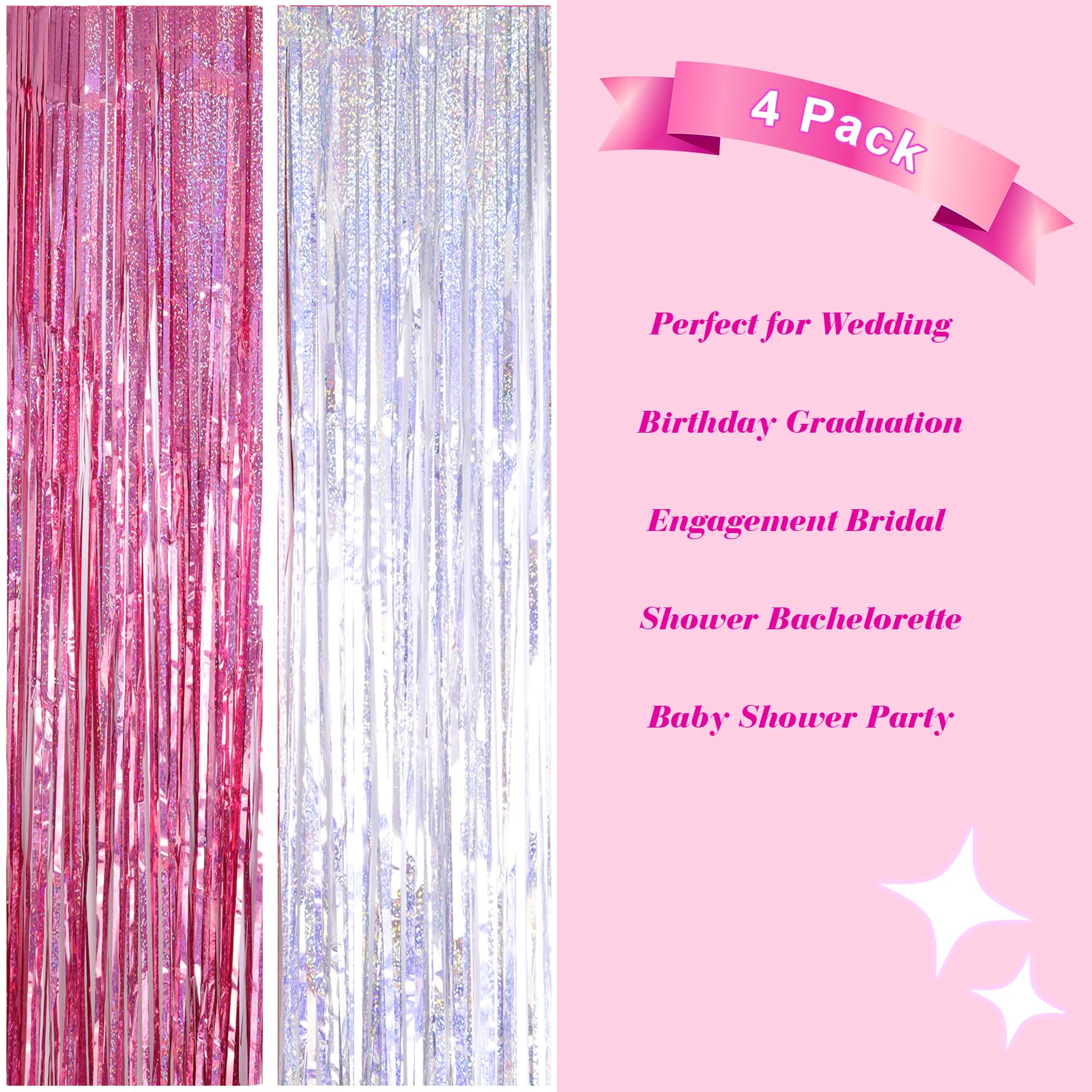 4 Pack 3.3×6.5 ft Metallic Tinsel Foil Fringe Curtains Decor Streamers Photo Booth Backdrop Fringe Backdrop for Birthday Wedding Engagement Baby Shower Holiday Party Decorations(Pink and Sliver)