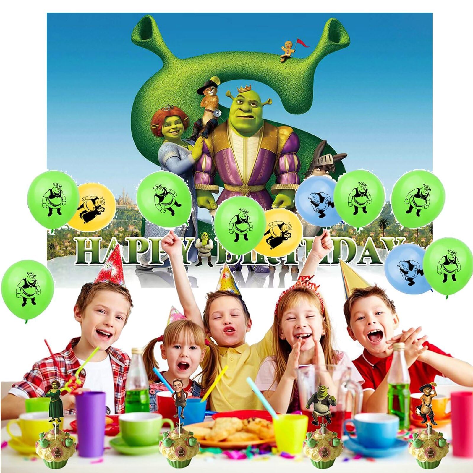 Shrek Birthday Party Supplies, Happy Birthday Shrek Backdrop for Baby Shower Party Cake Table Decorations Supplies, 5 x 4 FT Shrek Theme Birthday Banner for Girls Boys Kids Birthday Party Decorations