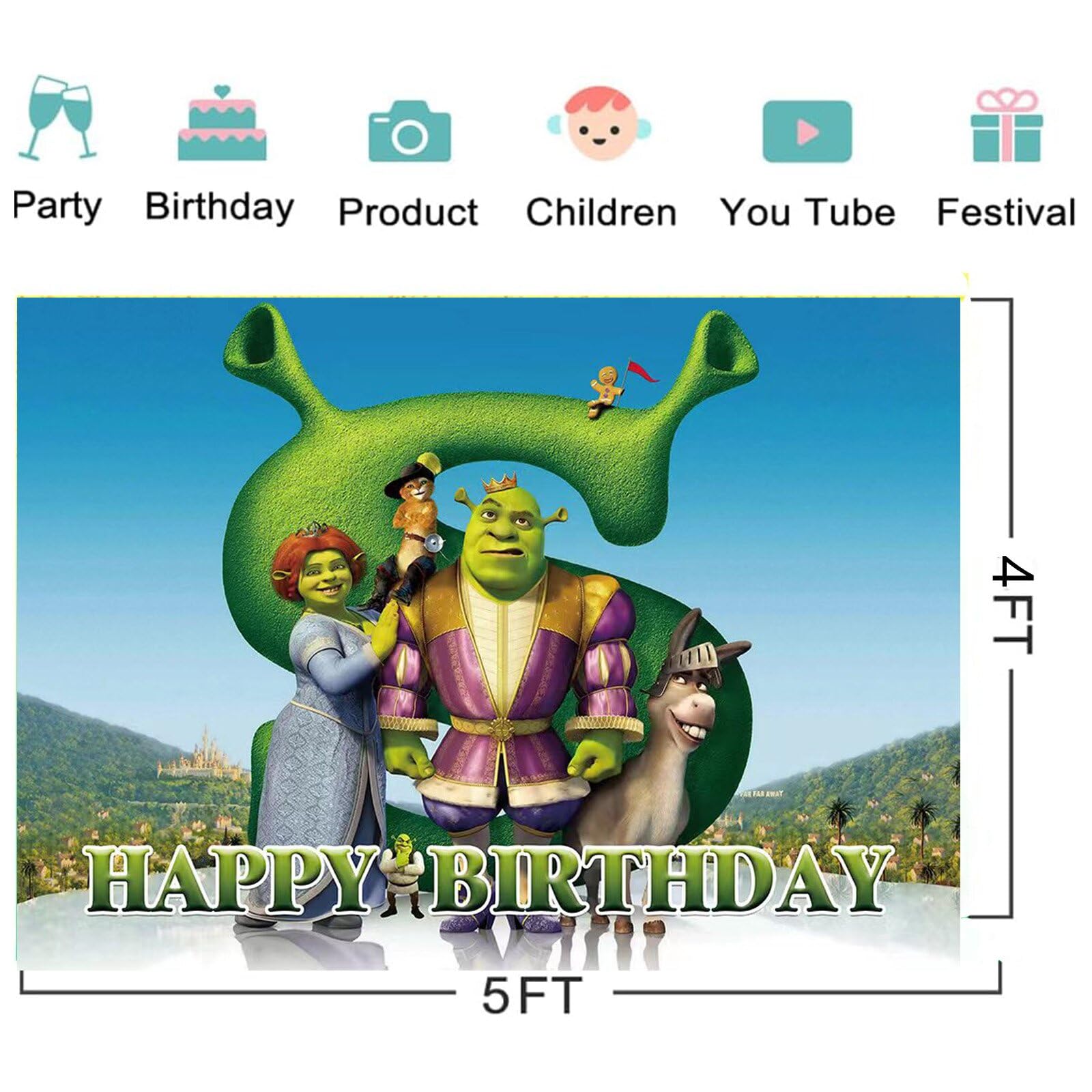 Shrek Birthday Party Supplies, Happy Birthday Shrek Backdrop for Baby Shower Party Cake Table Decorations Supplies, 5 x 4 FT Shrek Theme Birthday Banner for Girls Boys Kids Birthday Party Decorations