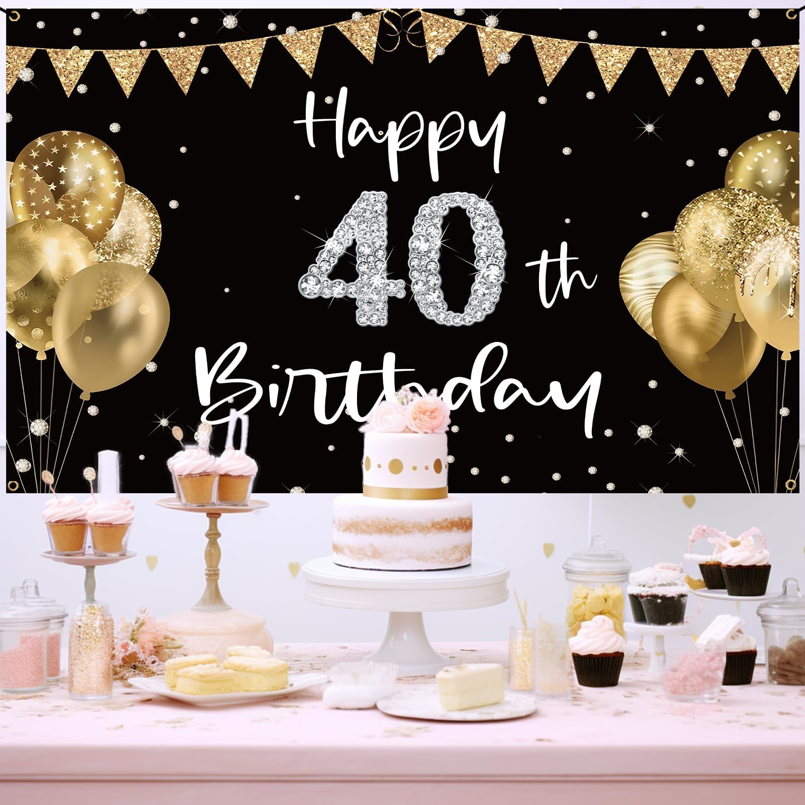 Holkcog 40th Birthday Decoration Women - Black Gold 40th Birthday Banner Background 40th Birthday Party Photography Background Happy 40th Birthday Banner 40th Perfection Birthday Decoration Women Men…