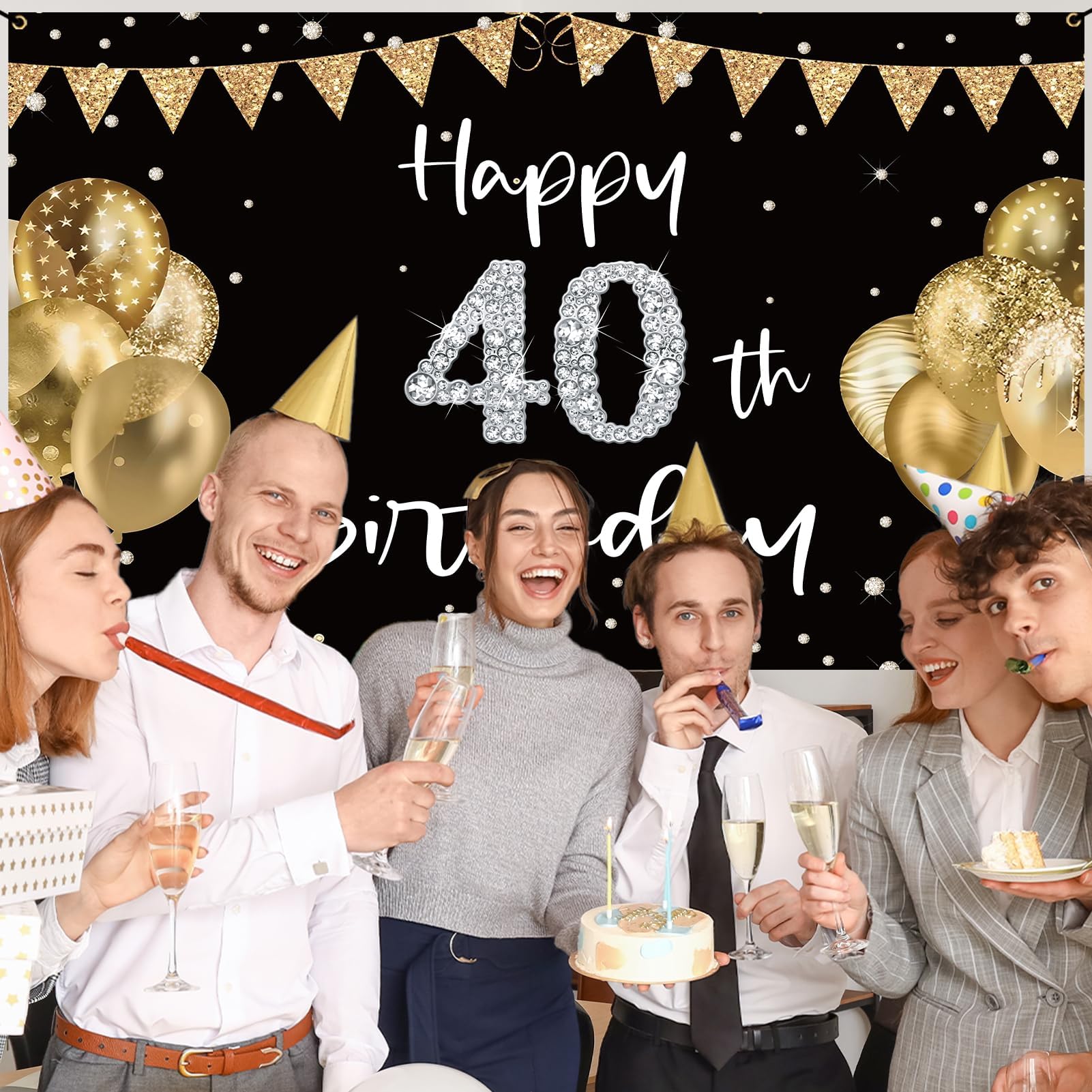 Holkcog 40th Birthday Decoration Women - Black Gold 40th Birthday Banner Background 40th Birthday Party Photography Background Happy 40th Birthday Banner 40th Perfection Birthday Decoration Women Men…