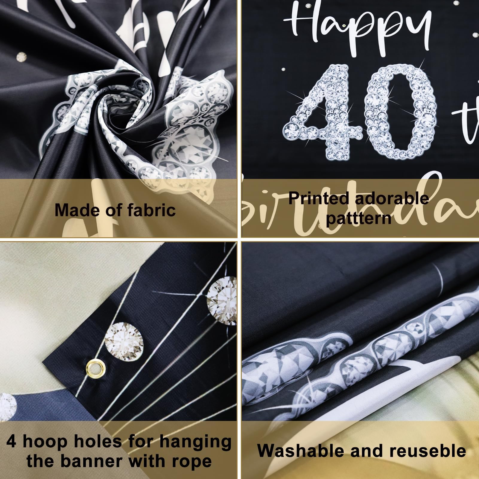 Holkcog 40th Birthday Decoration Women - Black Gold 40th Birthday Banner Background 40th Birthday Party Photography Background Happy 40th Birthday Banner 40th Perfection Birthday Decoration Women Men…