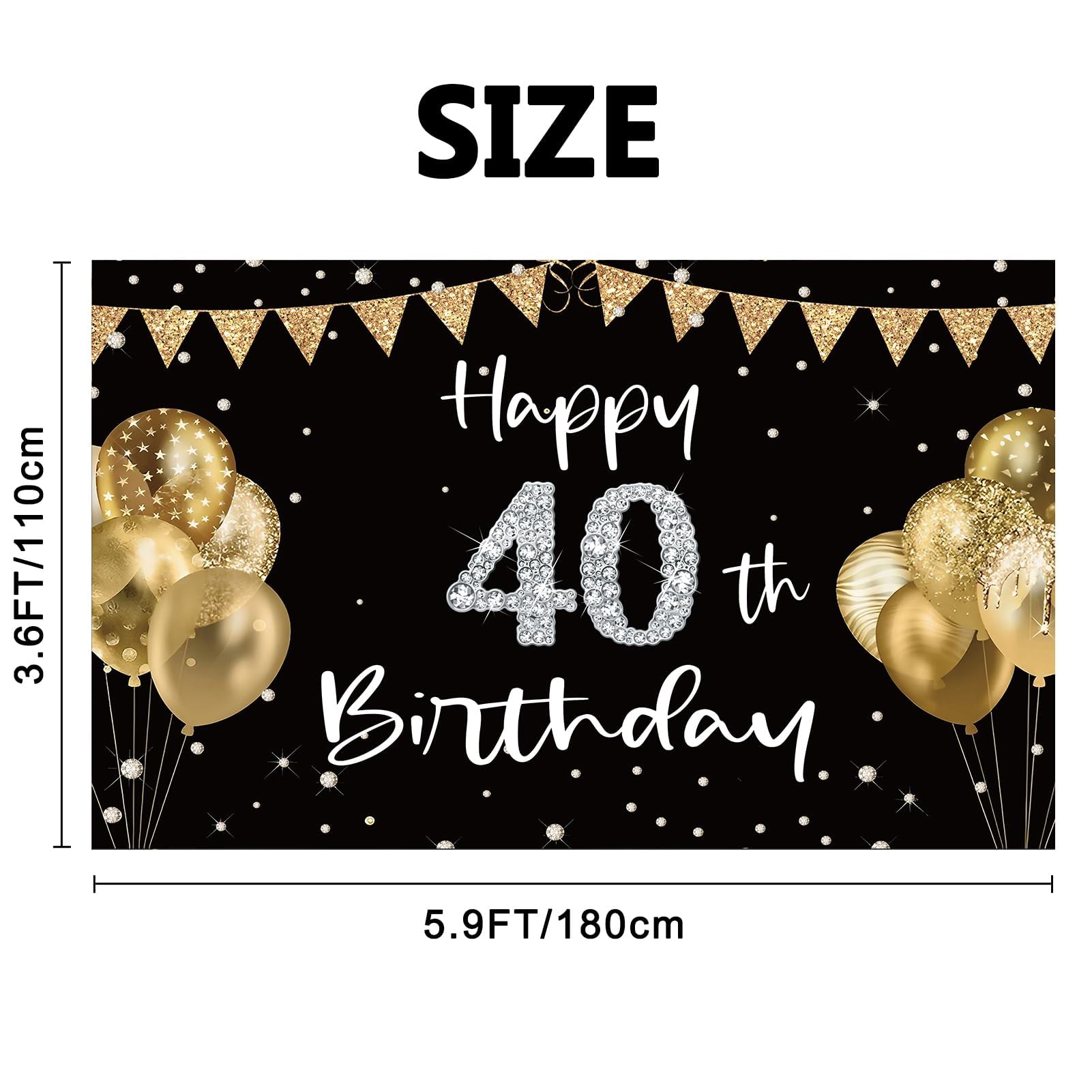 Holkcog 40th Birthday Decoration Women - Black Gold 40th Birthday Banner Background 40th Birthday Party Photography Background Happy 40th Birthday Banner 40th Perfection Birthday Decoration Women Men…