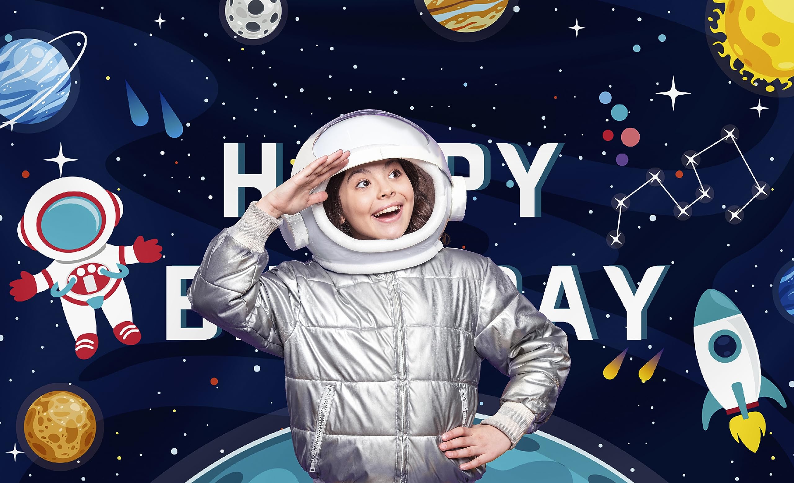 Space Party Backdrop - Outer Space Rocket Astronaut Theme Studio Background Banner Decorations Photography Supplies for Birthday Party - Funny Photo Booth Backdrops - 70.8 x 43.3 Inch