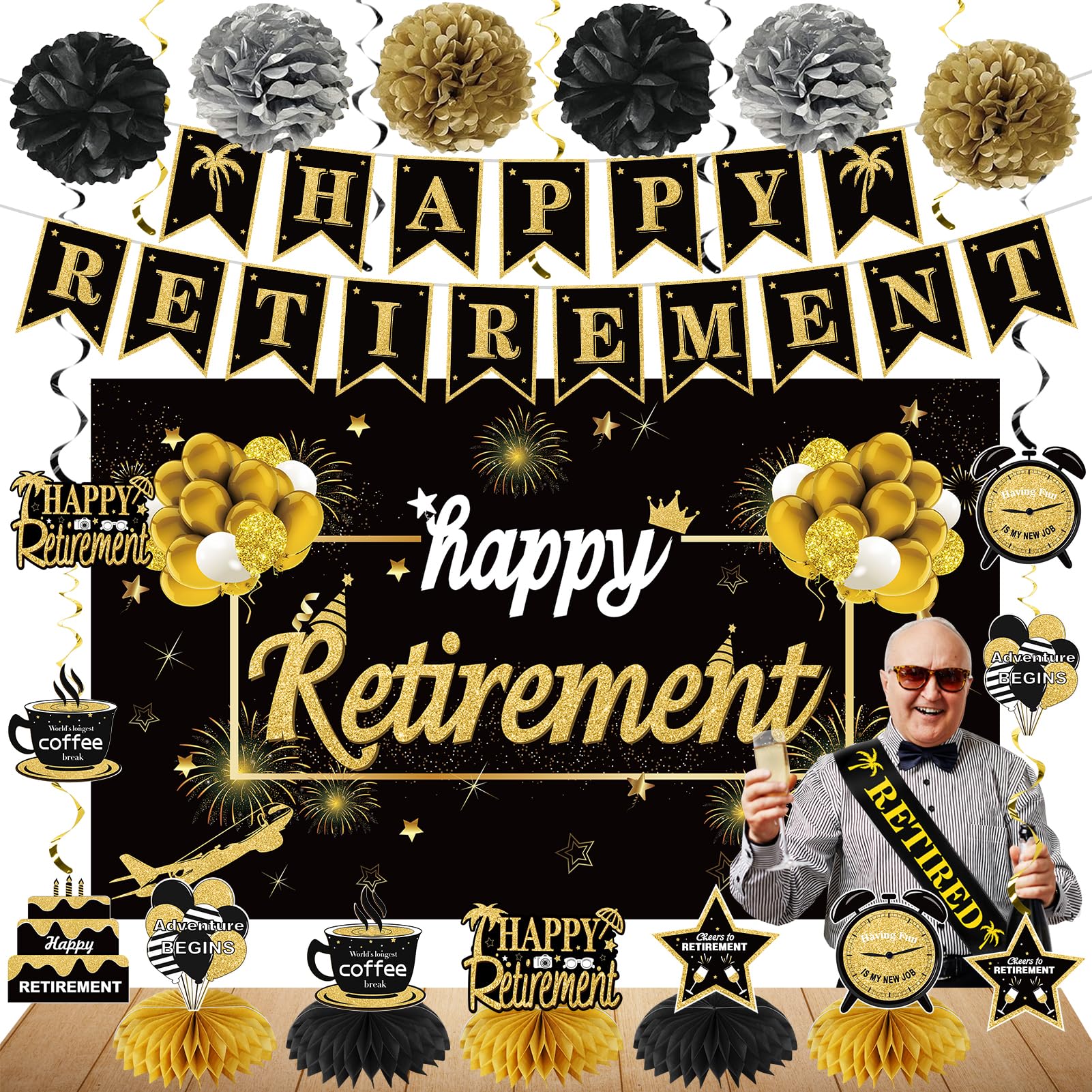 Kuxriox 20PCS Happy Retirement Party Decorations Kit for Men Women, Black Gold Retirement Banner Balloons Honeycomb Centerpiece Swirl Paper Pompoms Party Supplies, Retired Sash Table Topper Swirls Set