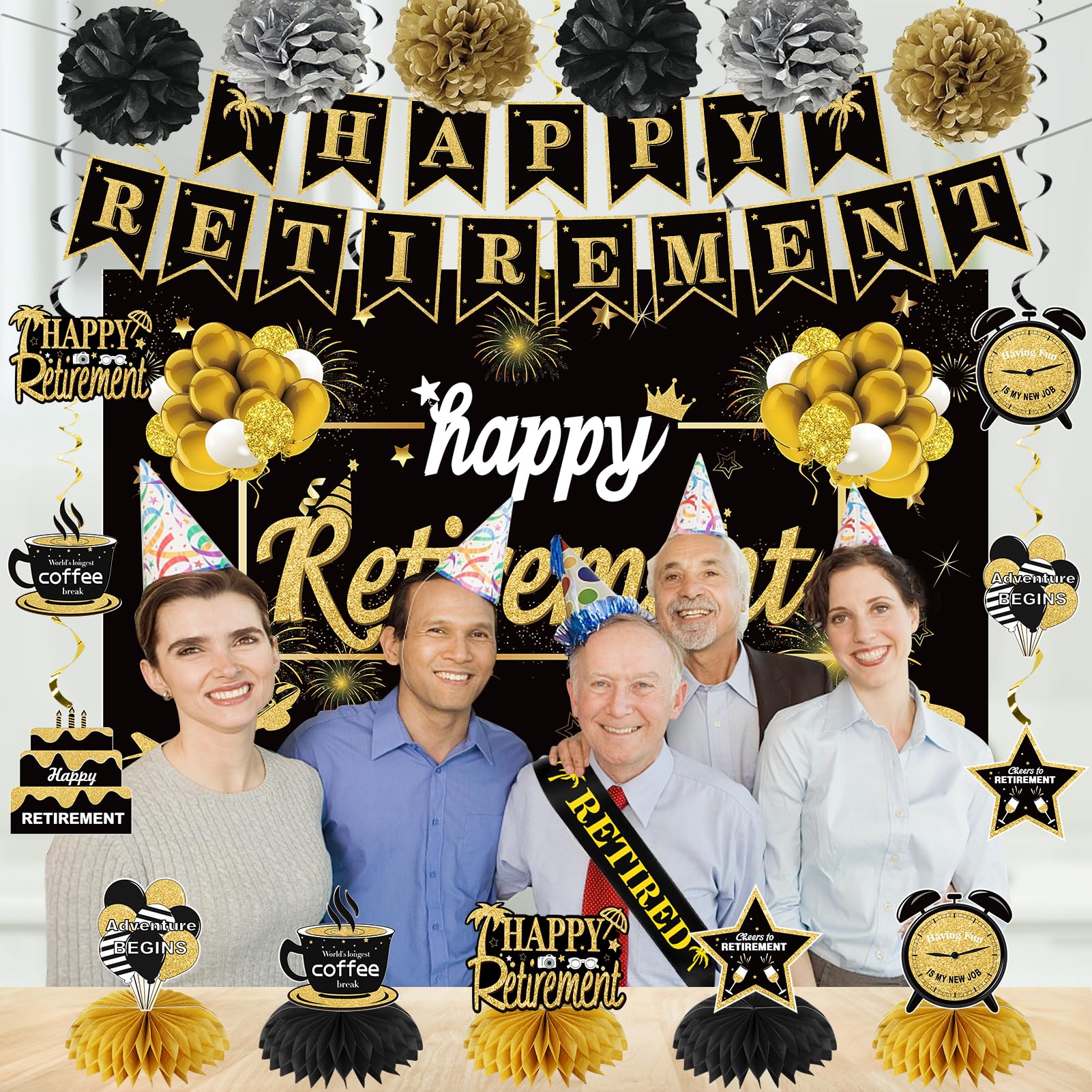 Kuxriox 20PCS Happy Retirement Party Decorations Kit for Men Women, Black Gold Retirement Banner Balloons Honeycomb Centerpiece Swirl Paper Pompoms Party Supplies, Retired Sash Table Topper Swirls Set