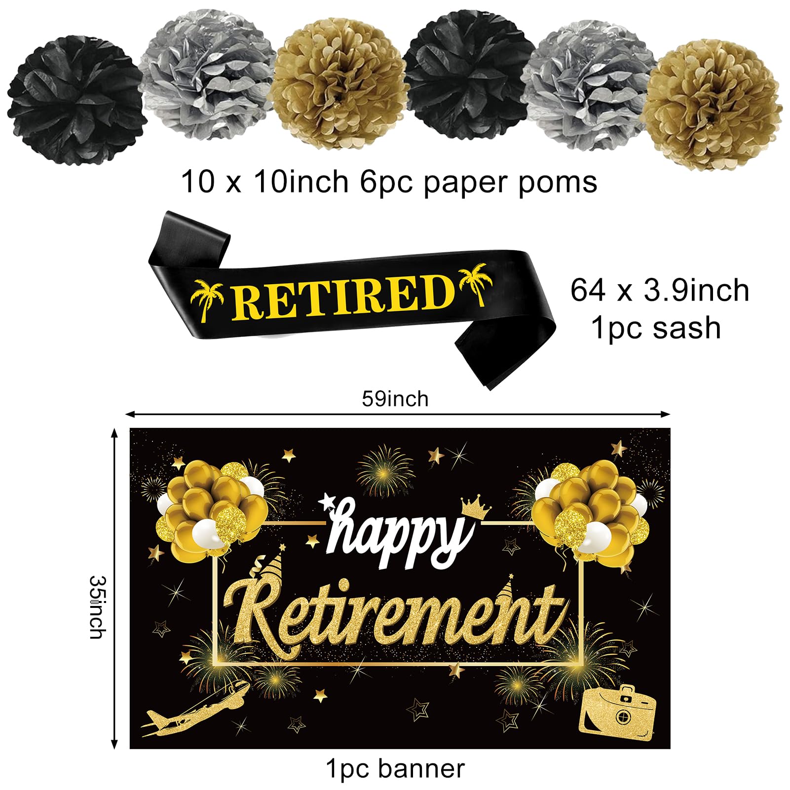 Kuxriox 20PCS Happy Retirement Party Decorations Kit for Men Women, Black Gold Retirement Banner Balloons Honeycomb Centerpiece Swirl Paper Pompoms Party Supplies, Retired Sash Table Topper Swirls Set