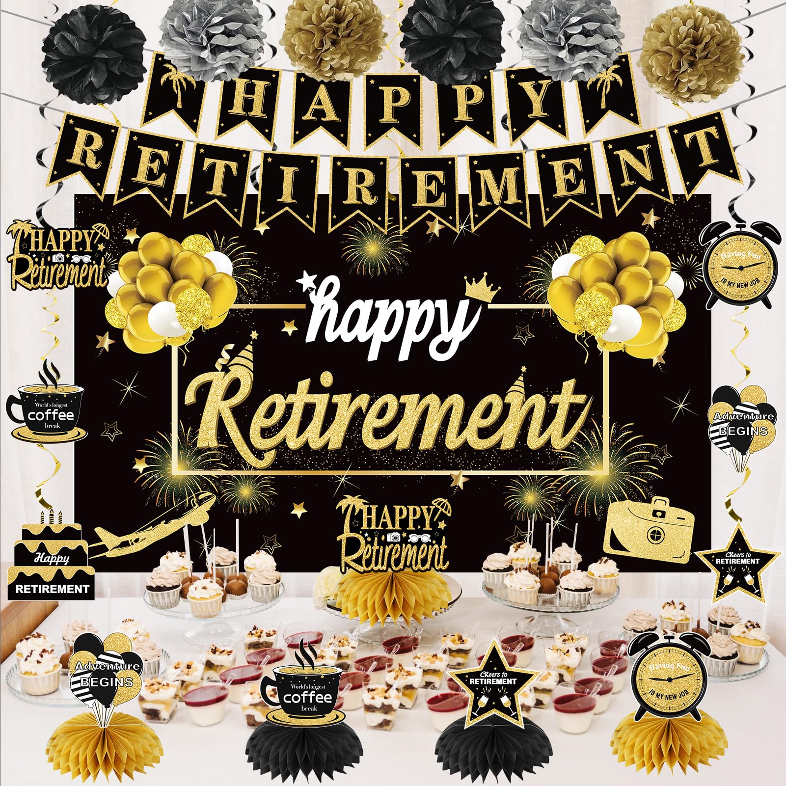 Kuxriox 20PCS Happy Retirement Party Decorations Kit for Men Women, Black Gold Retirement Banner Balloons Honeycomb Centerpiece Swirl Paper Pompoms Party Supplies, Retired Sash Table Topper Swirls Set