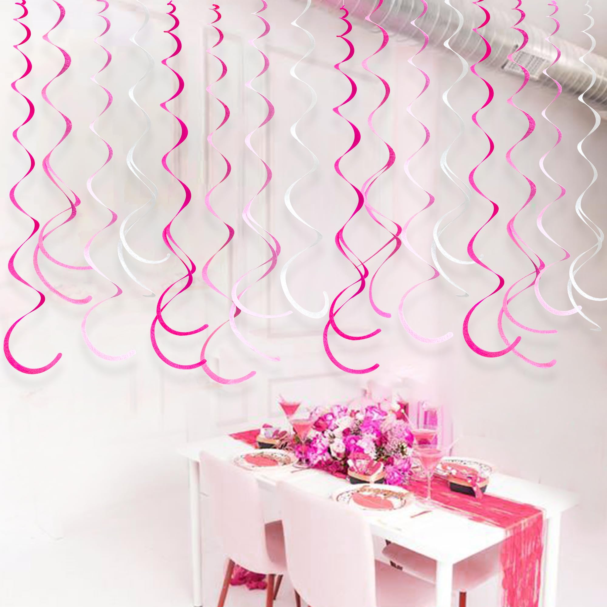 36 Pcs Hot Pink Hanging Swirl Decorations Ombre Pink White Felt Swirl Streamer Spiral Ceiling Decoration Garland for Birthday Bachelorette Wedding Bridal Shower Engagement Pink Girl Hen Party Supplies