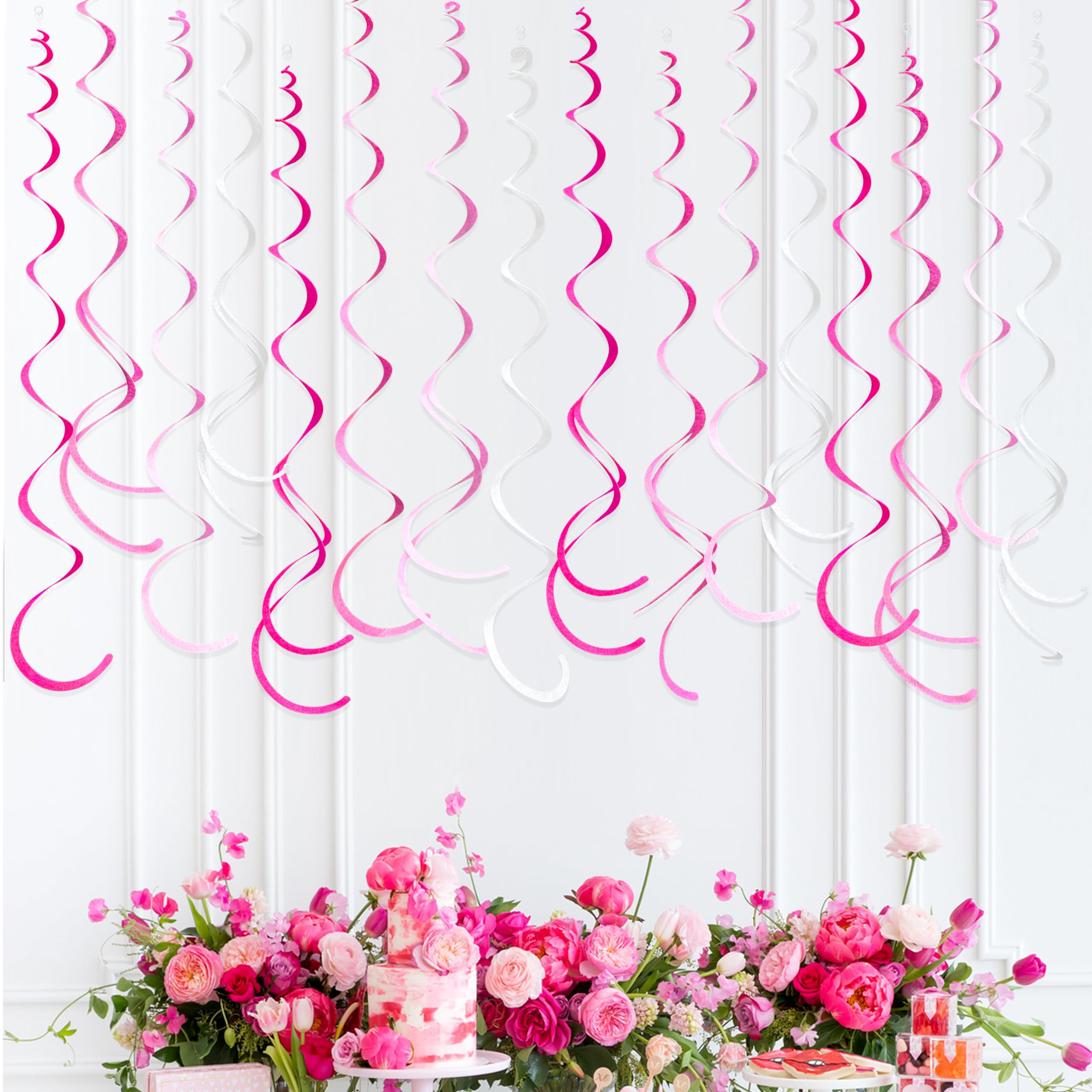 36 Pcs Hot Pink Hanging Swirl Decorations Ombre Pink White Felt Swirl Streamer Spiral Ceiling Decoration Garland for Birthday Bachelorette Wedding Bridal Shower Engagement Pink Girl Hen Party Supplies