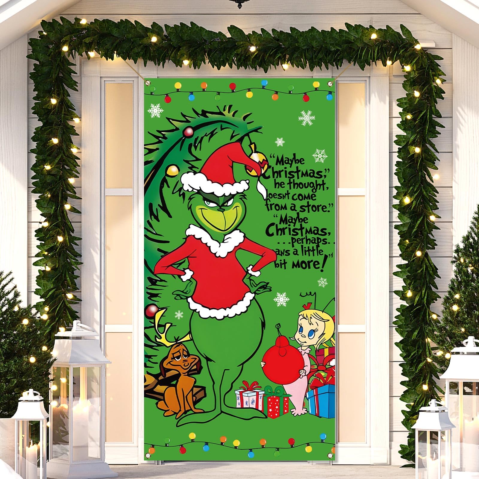 Nepnuser Merry Christmas Door Cover Grinchmas Whoville Xmas Winter Holiday Party Decorations Backdrop Door Hanging Banner