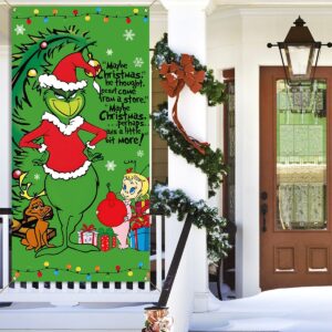 Nepnuser Merry Christmas Door Cover Grinchmas Whoville Xmas Winter Holiday Party Decorations Backdrop Door Hanging Banner