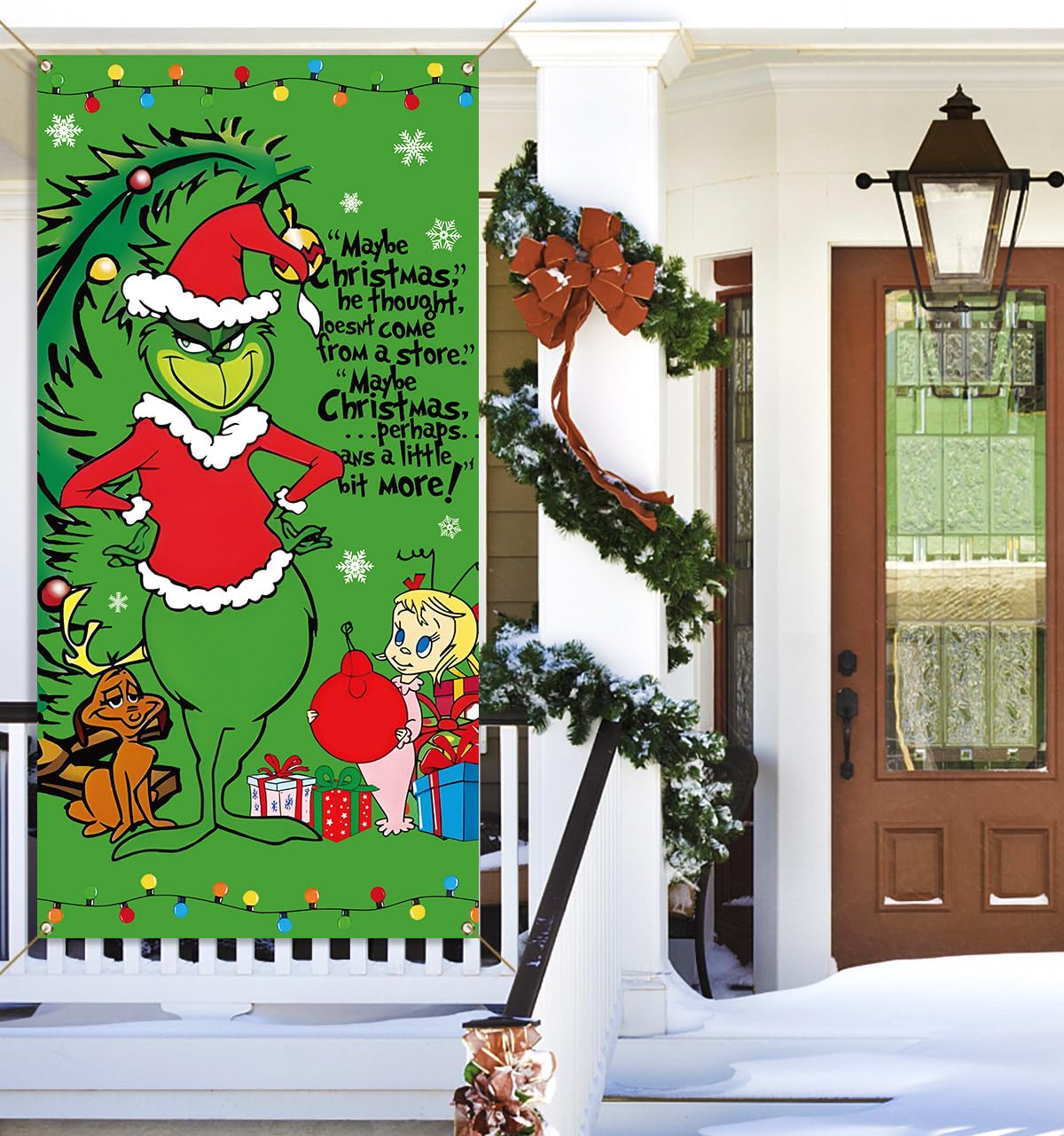 Nepnuser Merry Christmas Door Cover Grinchmas Whoville Xmas Winter Holiday Party Decorations Backdrop Door Hanging Banner