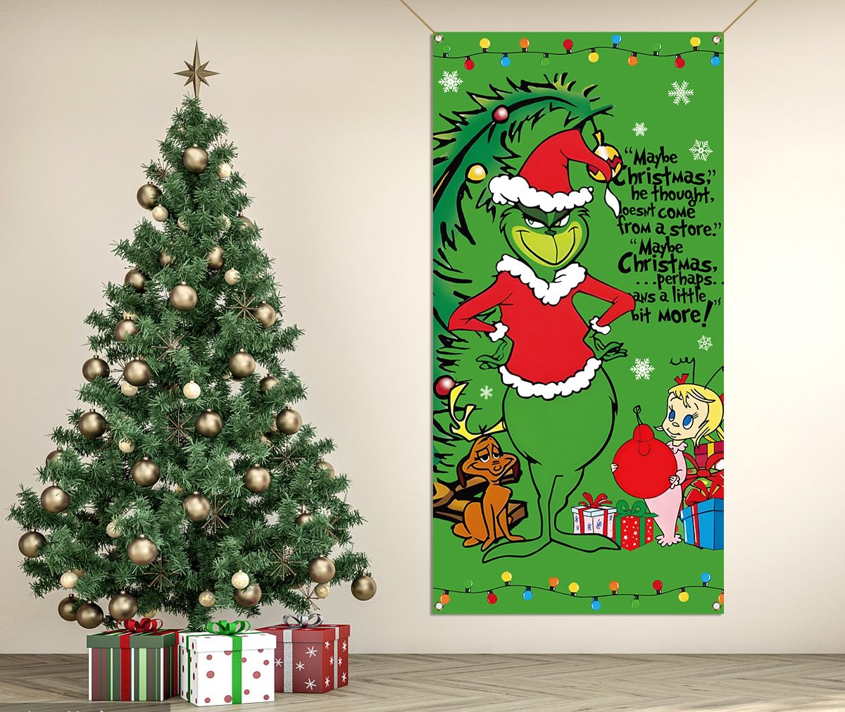 Nepnuser Merry Christmas Door Cover Grinchmas Whoville Xmas Winter Holiday Party Decorations Backdrop Door Hanging Banner