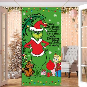 Nepnuser Merry Christmas Door Cover Grinchmas Whoville Xmas Winter Holiday Party Decorations Backdrop Door Hanging Banner