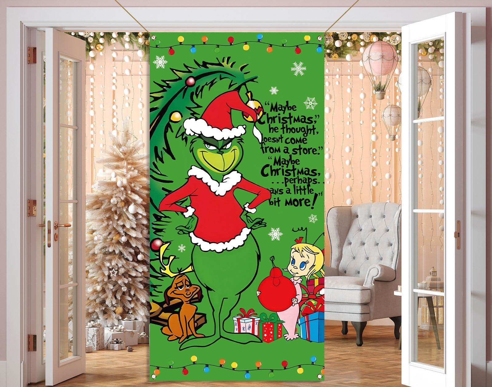 Nepnuser Merry Christmas Door Cover Grinchmas Whoville Xmas Winter Holiday Party Decorations Backdrop Door Hanging Banner