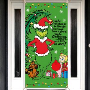 Nepnuser Merry Christmas Door Cover Grinchmas Whoville Xmas Winter Holiday Party Decorations Backdrop Door Hanging Banner