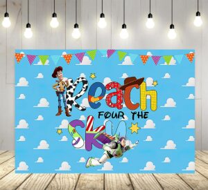 reach four the sky backdrop for 4th birthday party supplies white clouds photo backgrounds 4th birthday theme baby shower banner 59x38in