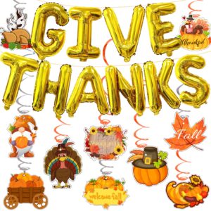 give thanks banner, thanksgiving foil balloons | gold 16 inches 3d mylar letter balloons hanging fall decorations fhoto backdrop for thanksgiving party - fall harvest decor for home office indoor