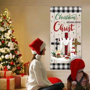 Tiamon Christmas Door Cover Decoration Jesus Backdrop Christ Cross Door Hanging Cover Christian Merry Christmas Banner Winter Holiday Photo Booth House Indoor Outdoor Party Xmas Home Decoration