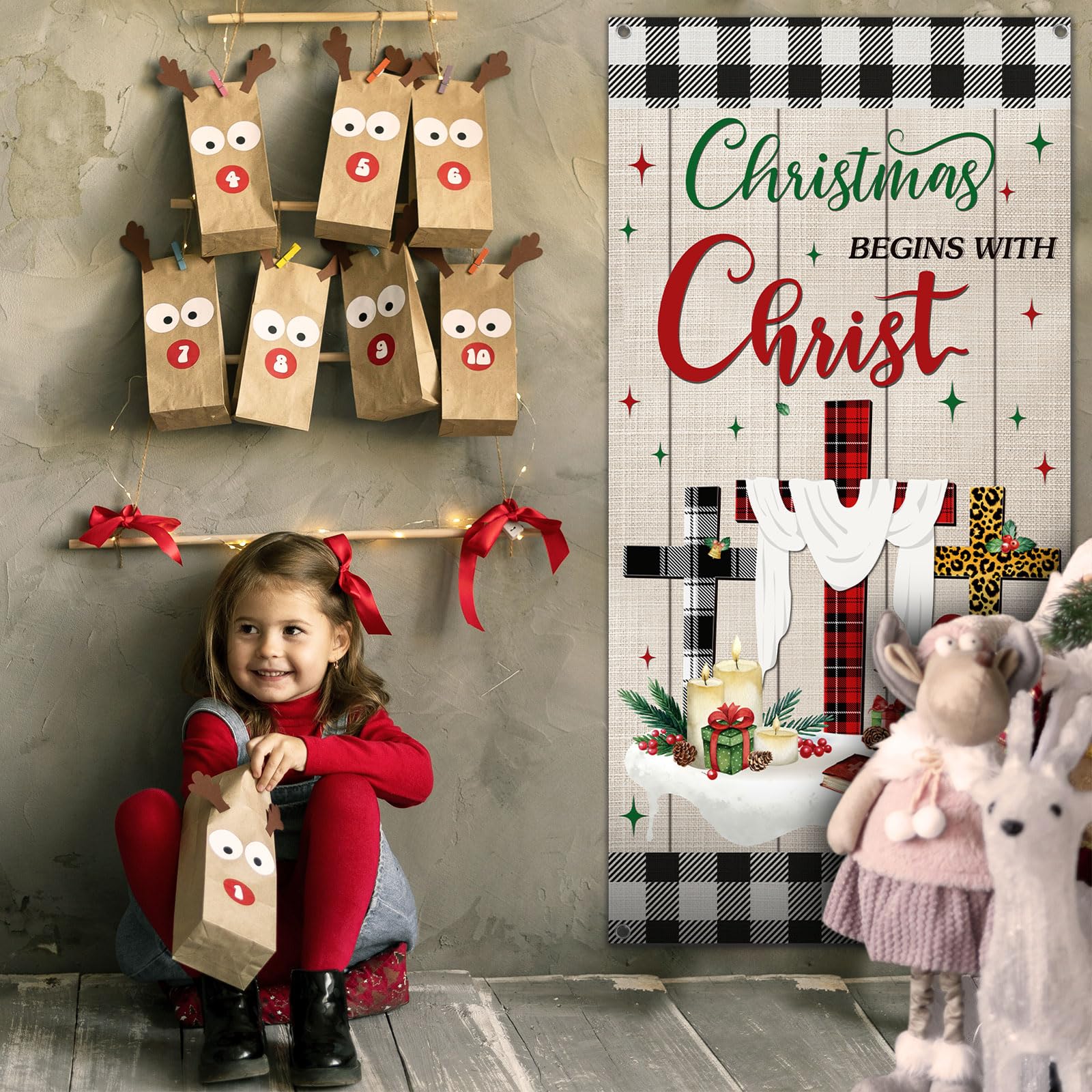 Tiamon Christmas Door Cover Decoration Jesus Backdrop Christ Cross Door Hanging Cover Christian Merry Christmas Banner Winter Holiday Photo Booth House Indoor Outdoor Party Xmas Home Decoration