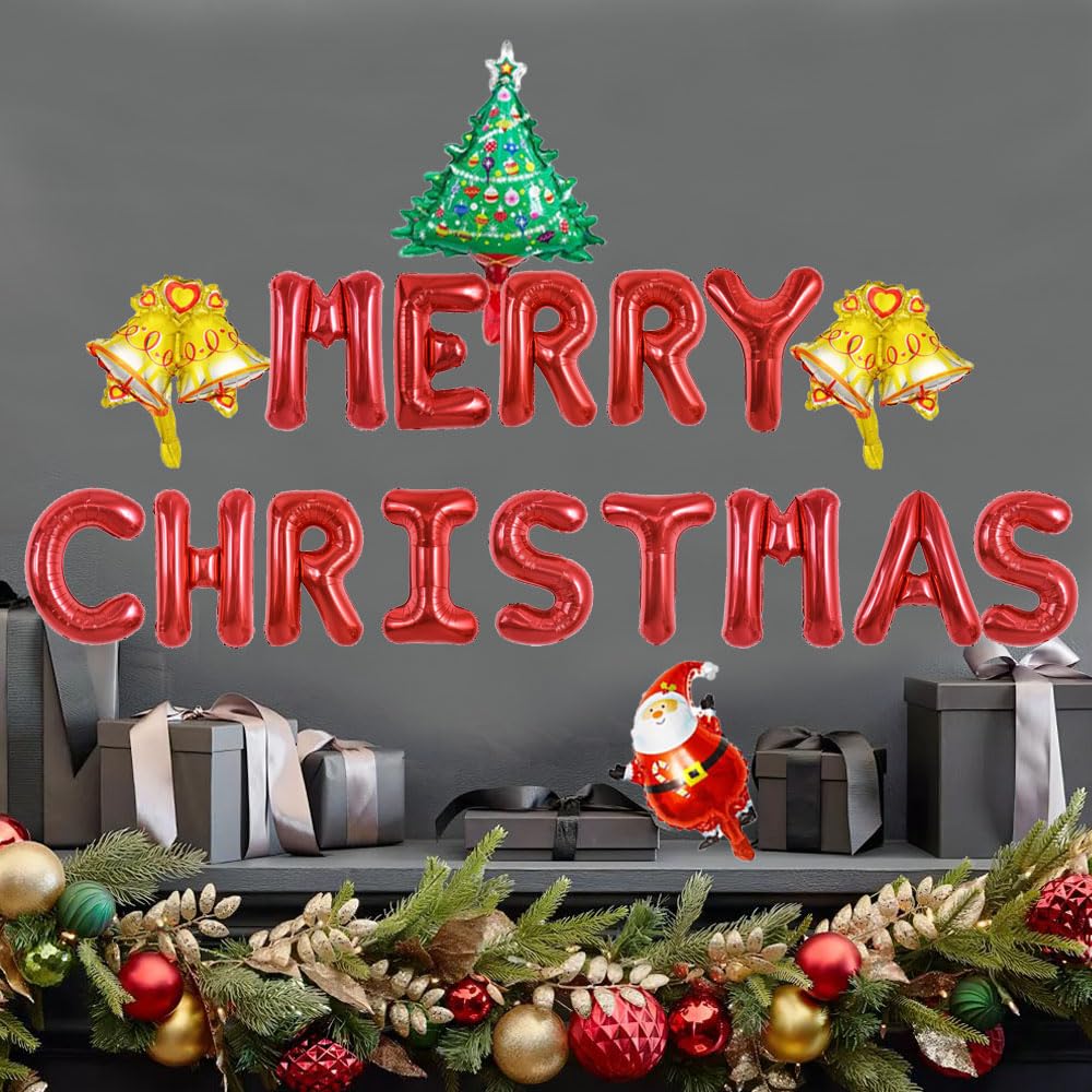 Merry Christmas With Santa Claus Christmas Tree Bells Balloons, Red Aluminum Foil Christmas Party Sign, Xmas/Xmas Eve Party Decorations Supplies Backdrops