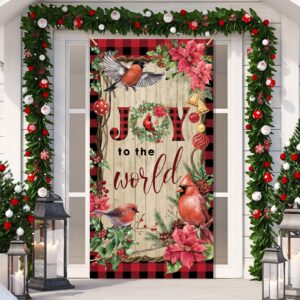 wovweave christmas door cover cardinal red bird xmas hanging door cover xmas front door decorative joy to the world christmas party supplies holiday decor, 70.9 x 35.4 inch