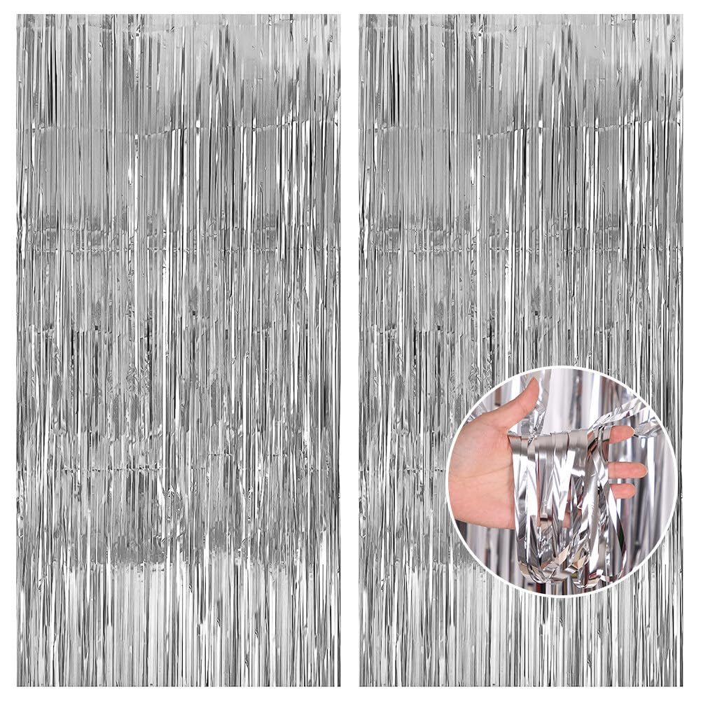 2 Pack 3.2ft x 8.2ft Foil Fringe Curtain Backdrop Metallic Tinsel Foil Fringe Curtains Party Decorations Silver Tinsel Streamer Backdrop Photo Booth Props for Birthday Graduation Baby Shower Wedding