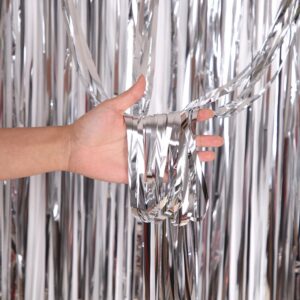 2 Pack 3.2ft x 8.2ft Foil Fringe Curtain Backdrop Metallic Tinsel Foil Fringe Curtains Party Decorations Silver Tinsel Streamer Backdrop Photo Booth Props for Birthday Graduation Baby Shower Wedding