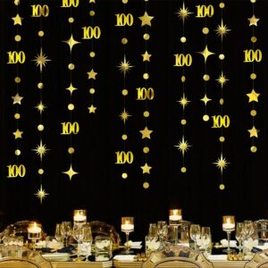 gold 100th birthday decorations number 100 circle dot twinkle star garland hanging streamer bunting banner backdrop for women mens 100th anniversary babys happy 100 days birthday party decor supplies