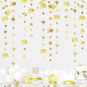 Gold 100th Birthday Decorations Number 100 Circle Dot Twinkle Star Garland Hanging Streamer Bunting Banner Backdrop for Women Mens 100th Anniversary Babys Happy 100 Days Birthday Party Decor Supplies