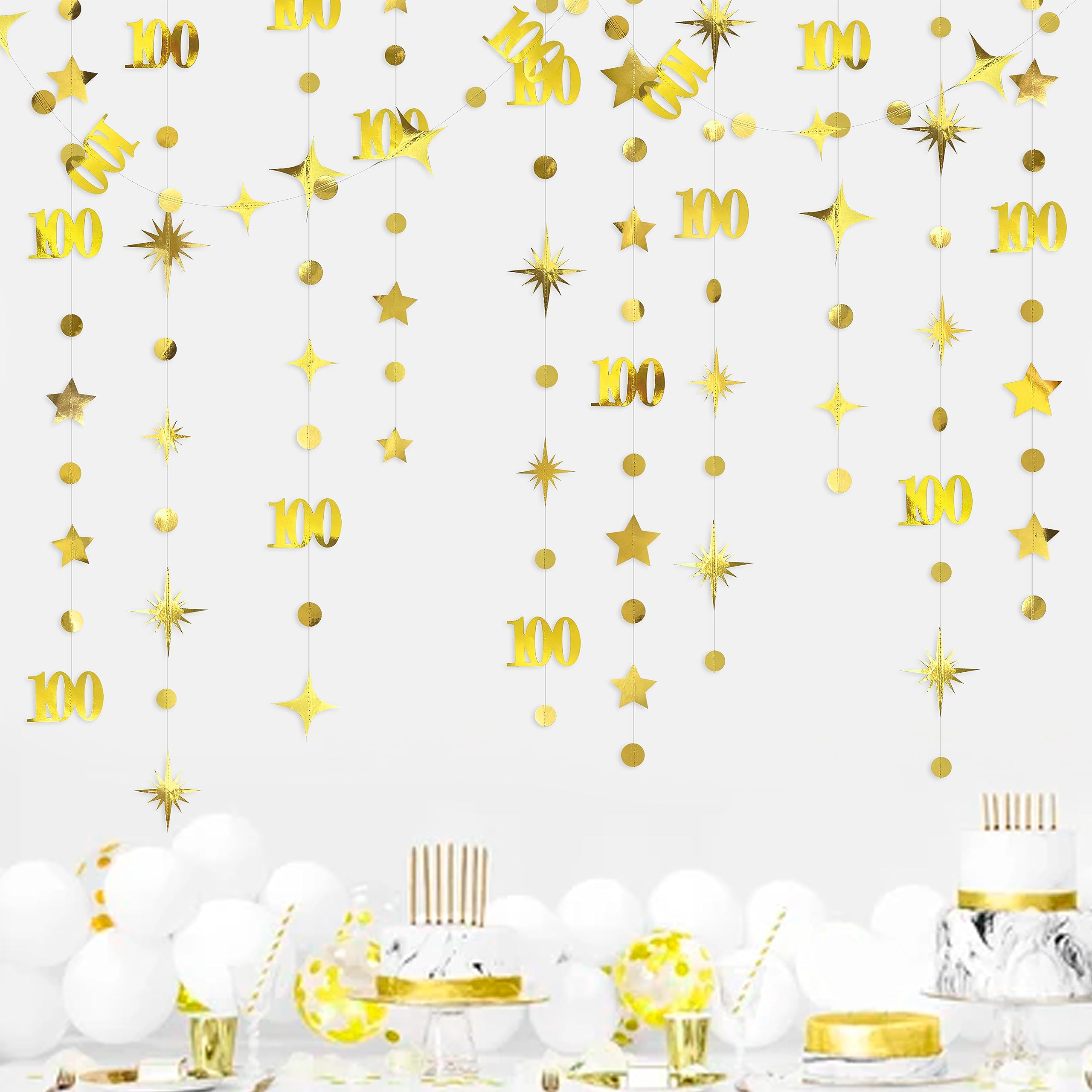 Gold 100th Birthday Decorations Number 100 Circle Dot Twinkle Star Garland Hanging Streamer Bunting Banner Backdrop for Women Mens 100th Anniversary Babys Happy 100 Days Birthday Party Decor Supplies