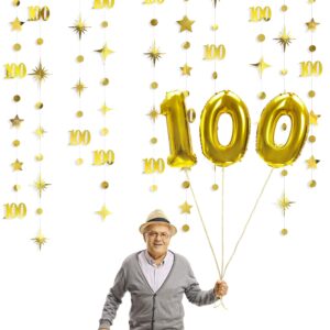 Gold 100th Birthday Decorations Number 100 Circle Dot Twinkle Star Garland Hanging Streamer Bunting Banner Backdrop for Women Mens 100th Anniversary Babys Happy 100 Days Birthday Party Decor Supplies