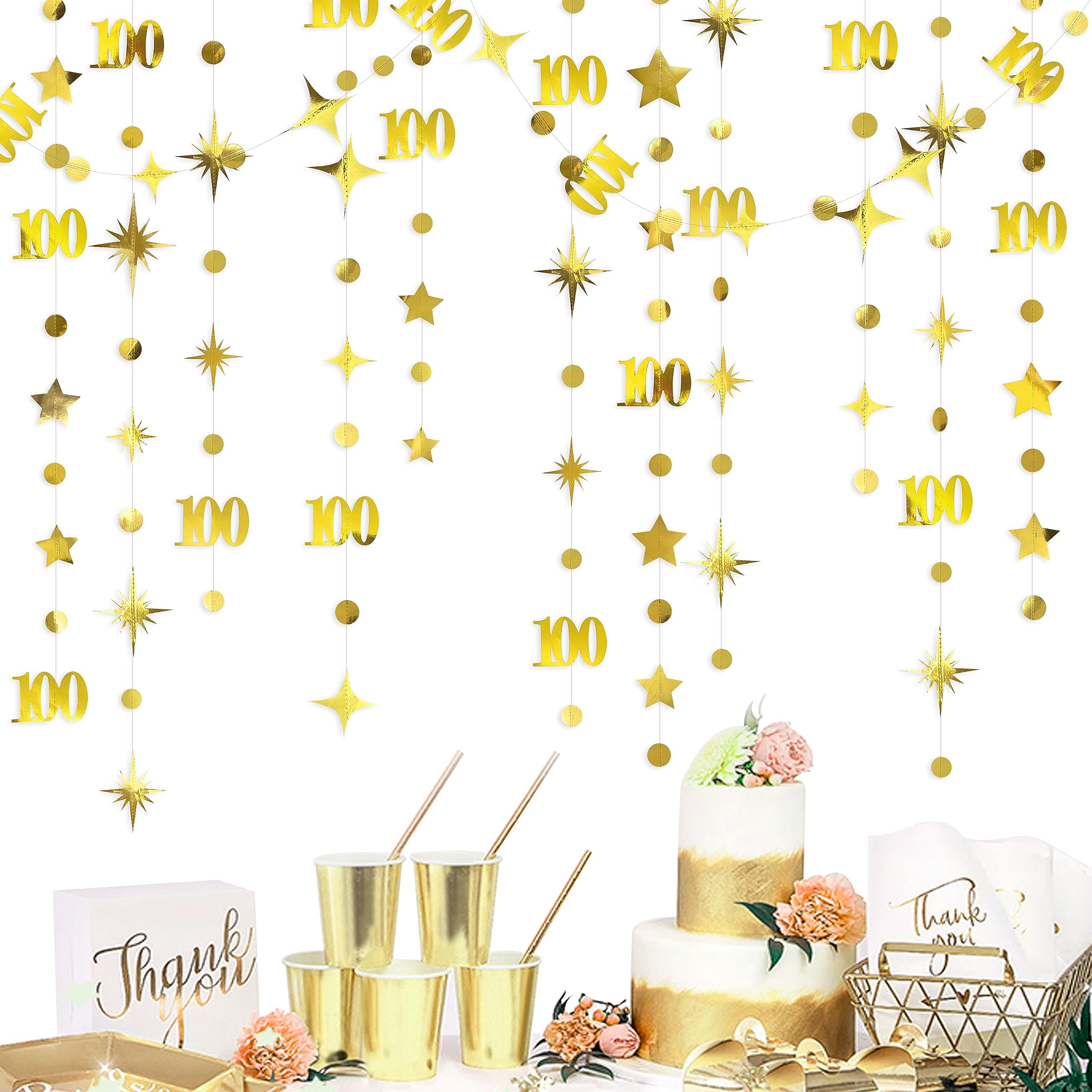 Gold 100th Birthday Decorations Number 100 Circle Dot Twinkle Star Garland Hanging Streamer Bunting Banner Backdrop for Women Mens 100th Anniversary Babys Happy 100 Days Birthday Party Decor Supplies