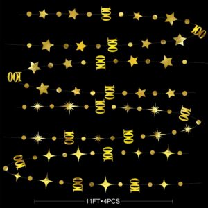 Gold 100th Birthday Decorations Number 100 Circle Dot Twinkle Star Garland Hanging Streamer Bunting Banner Backdrop for Women Mens 100th Anniversary Babys Happy 100 Days Birthday Party Decor Supplies