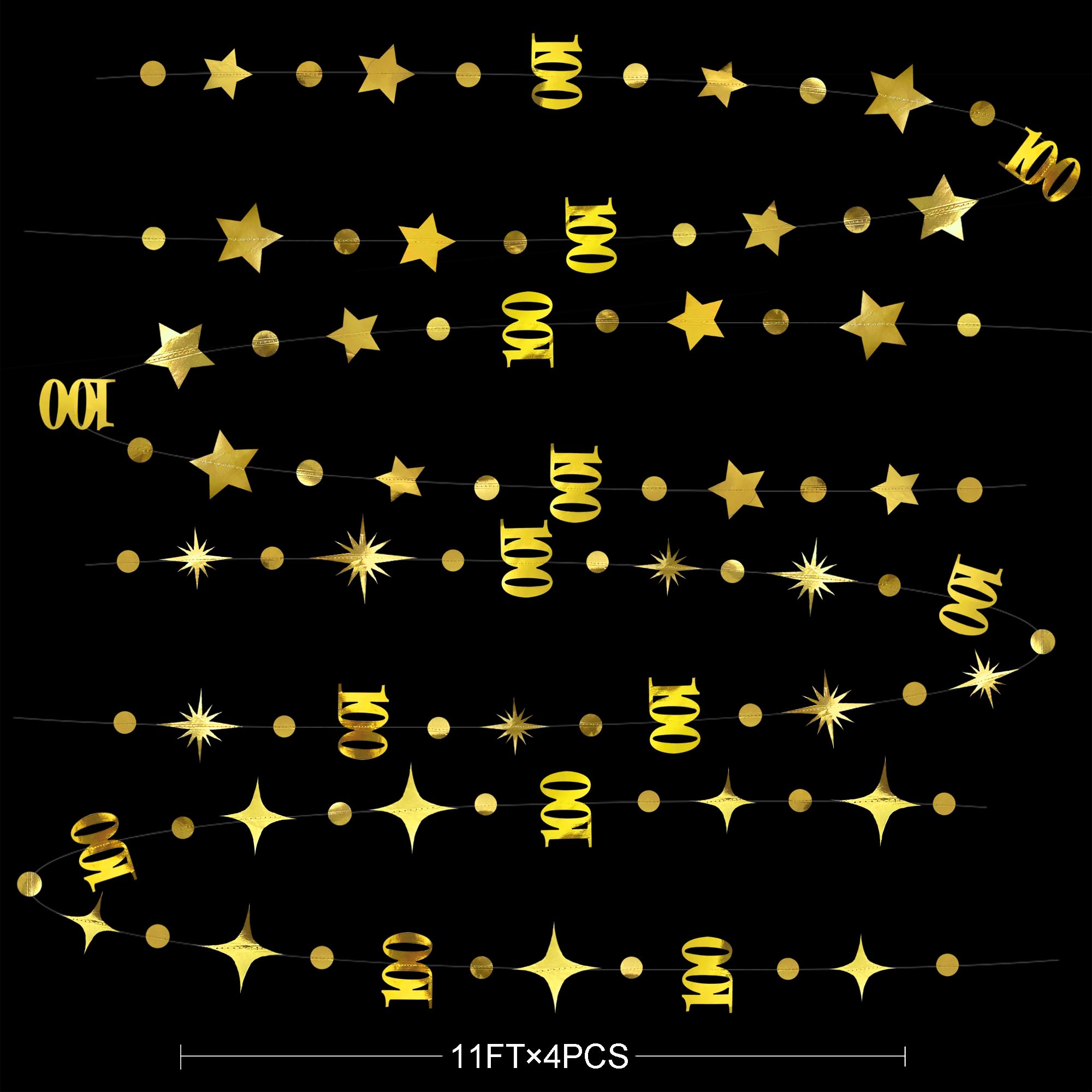 Gold 100th Birthday Decorations Number 100 Circle Dot Twinkle Star Garland Hanging Streamer Bunting Banner Backdrop for Women Mens 100th Anniversary Babys Happy 100 Days Birthday Party Decor Supplies